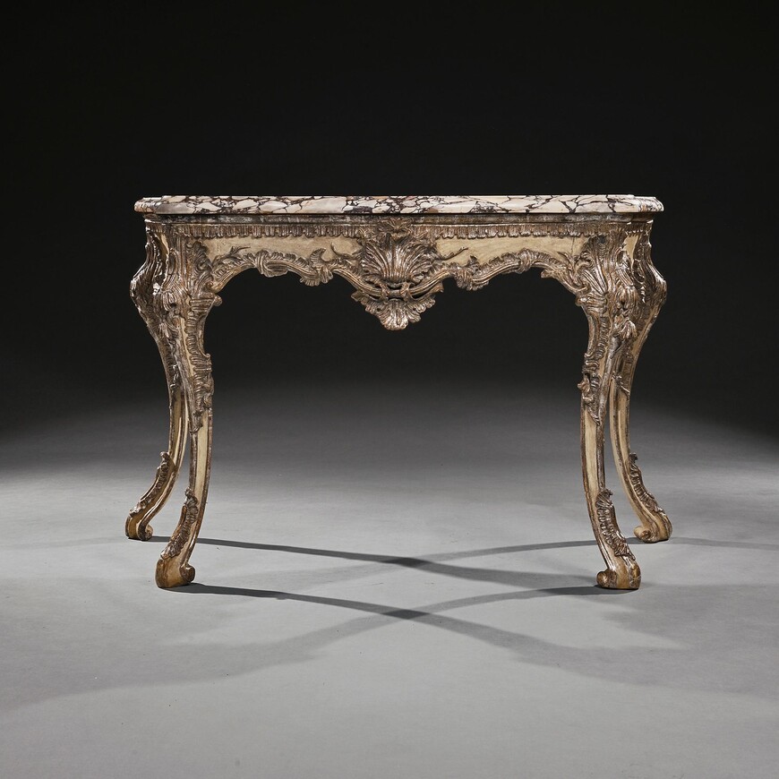 Mid 18th Century Italian, Naples, Silver Gilt and Painted Marble Top Console Table