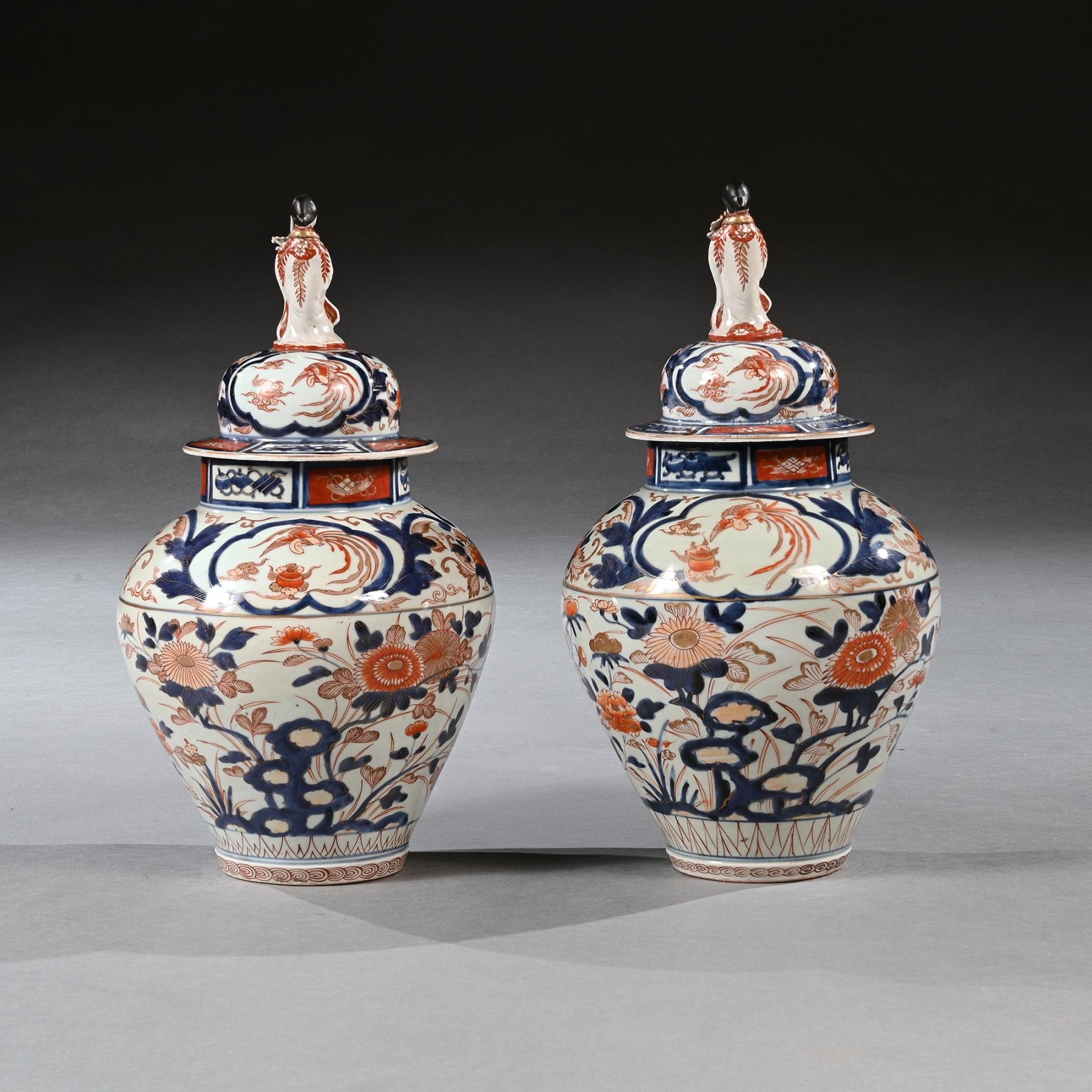 Pair of Late 17th Century Eco Period Japanese Arita Imari Vases and Covers